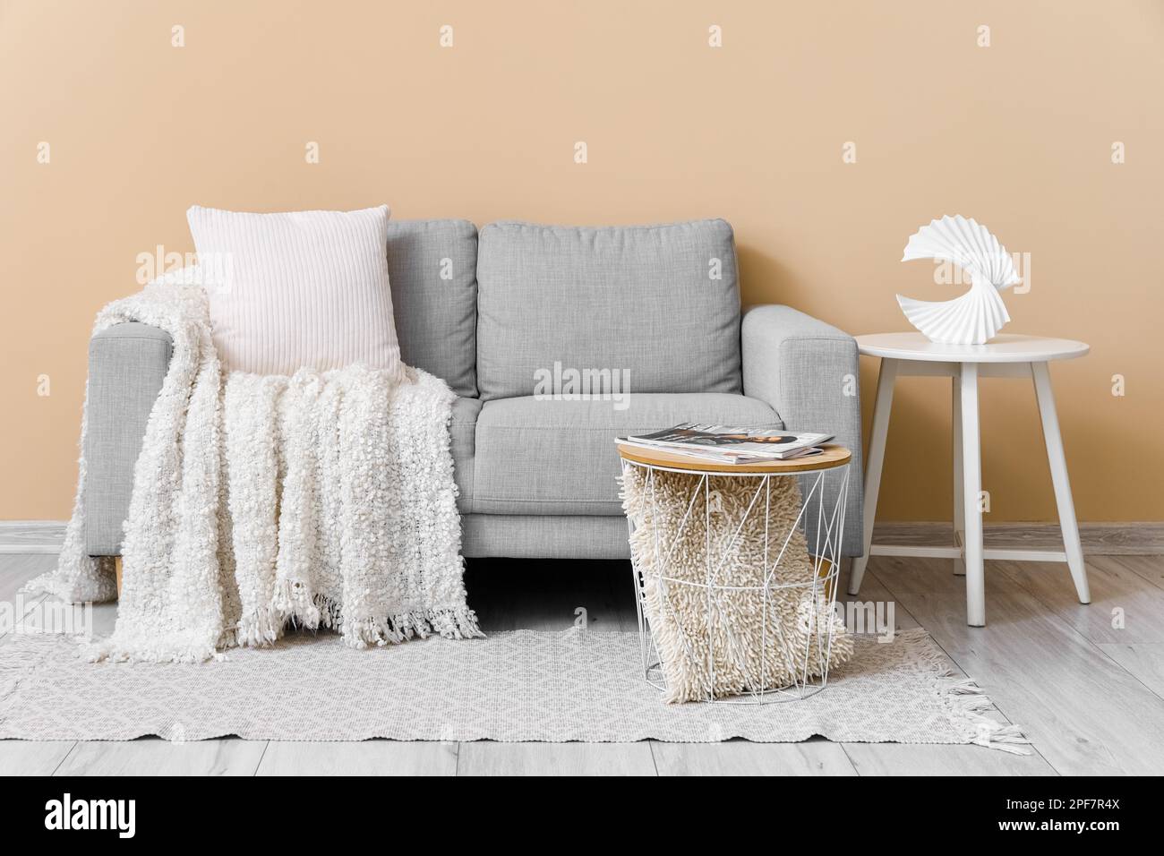 Cozy grey sofa with cushion, magazine and decorative figure on table ...