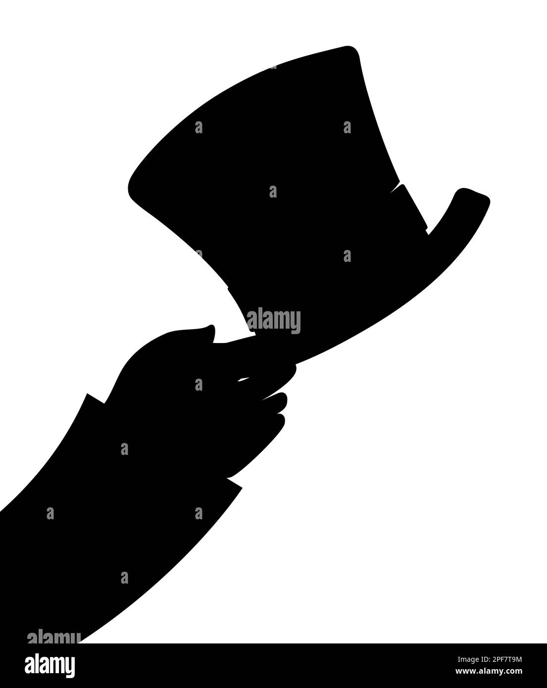 Black silhouette with raised hand holding an elegant top hat over white ...