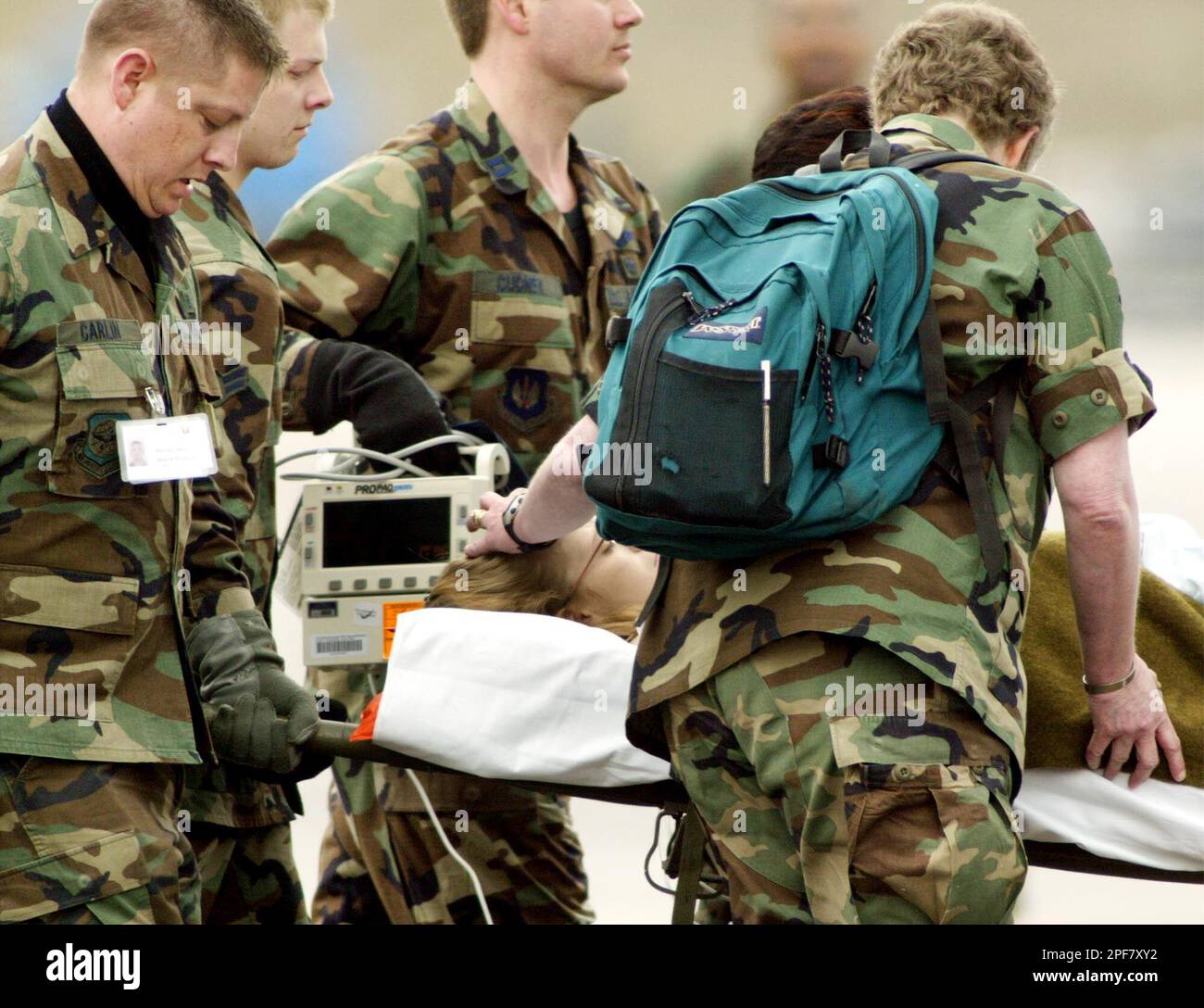 U.S. Army Pfc. Jessica Lynch is carried on a stretcher to be loaded ...