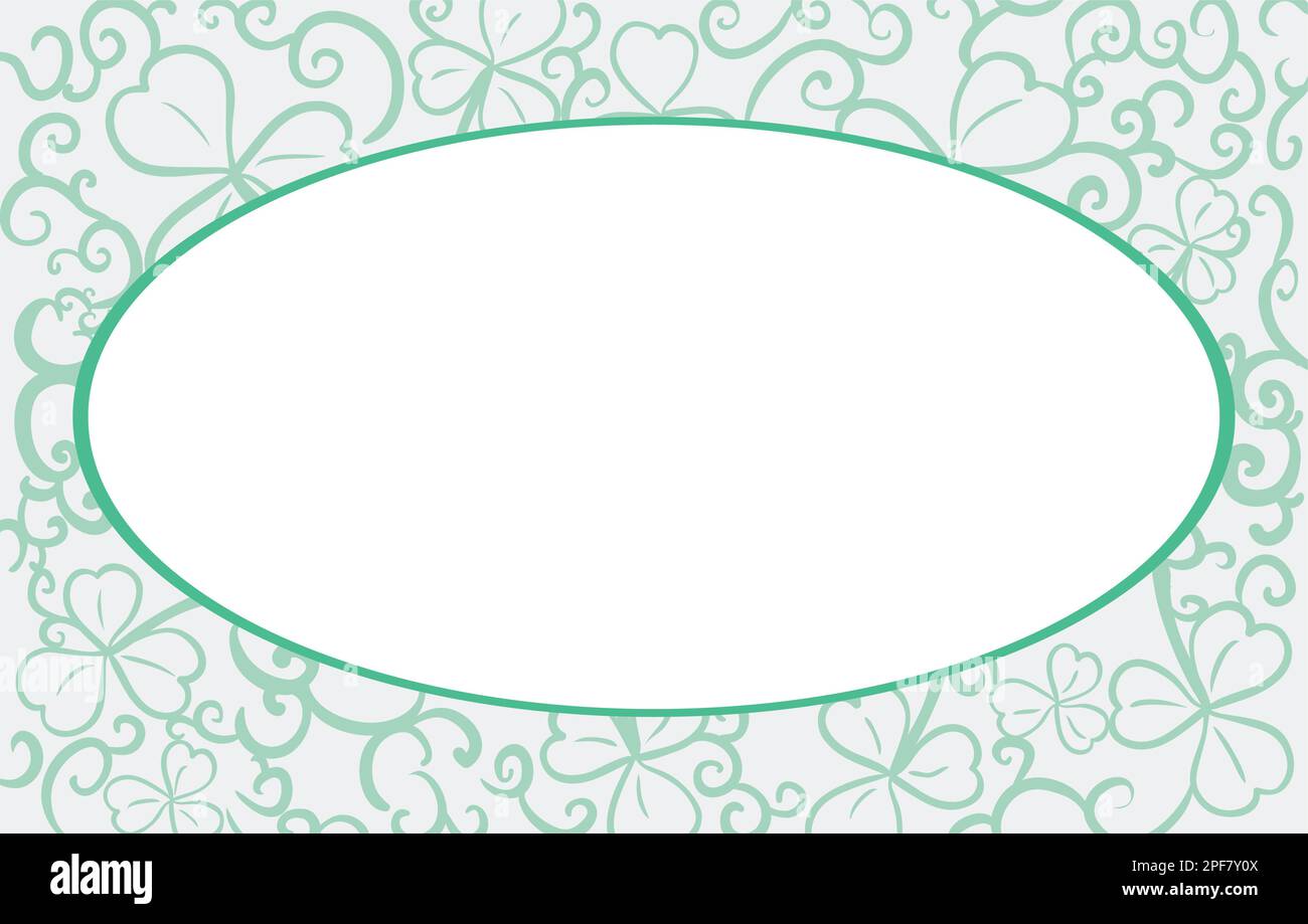 Template with frame and blank oval, clovers and vines in green outlines ...