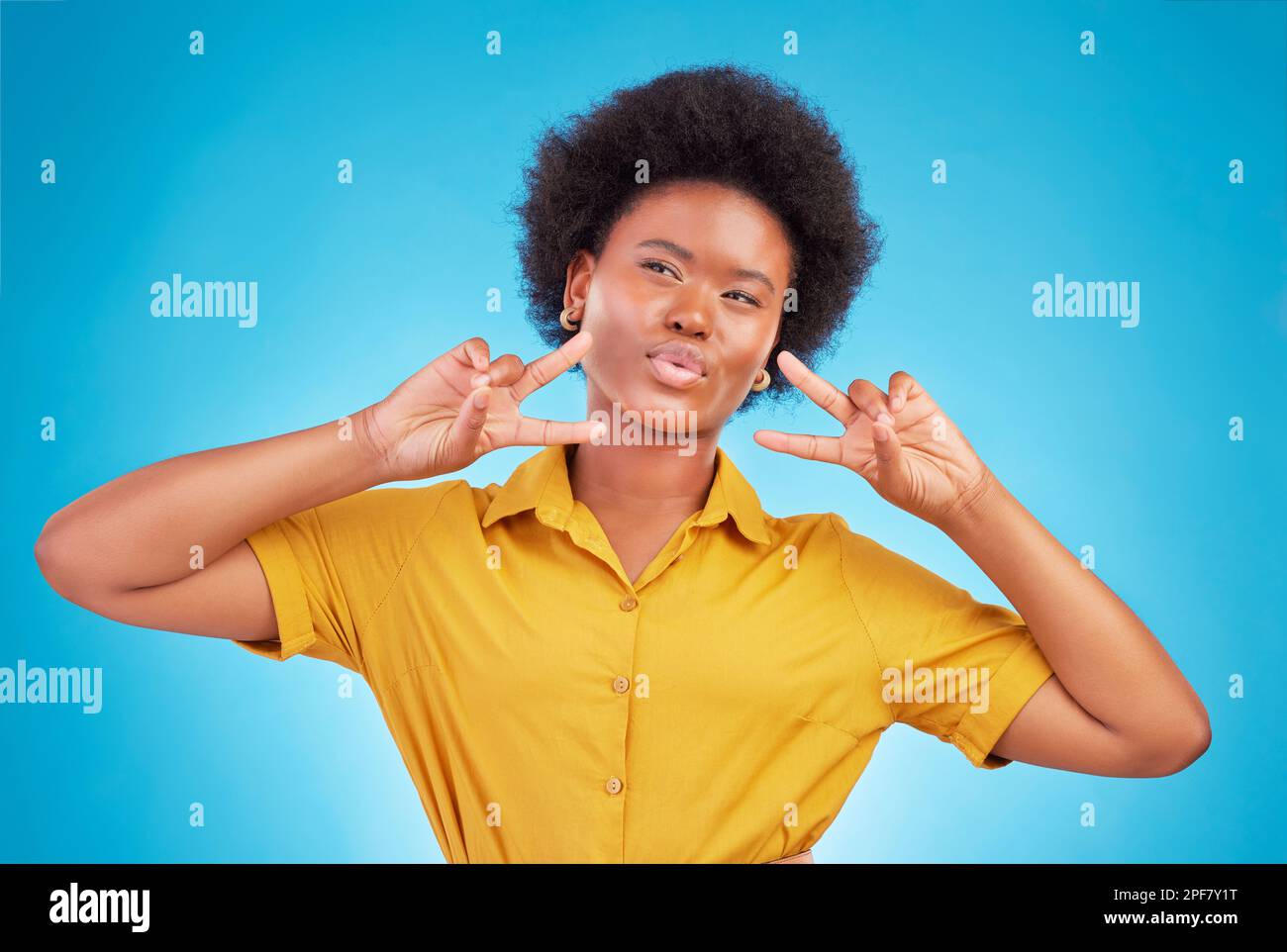 Happy, motivation and black woman with peace sign, inspiration and ...