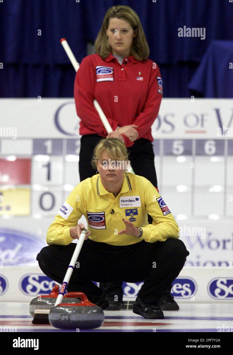 United States skip Debbie McCormick looks on as Swedish skip Anette ...