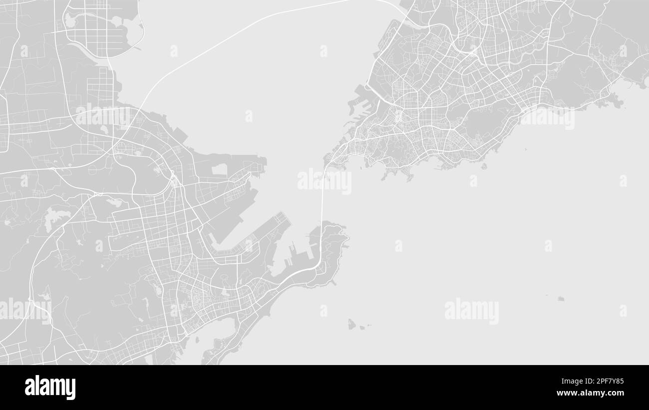 White and light grey Qingdao city area vector background map, roads and ...