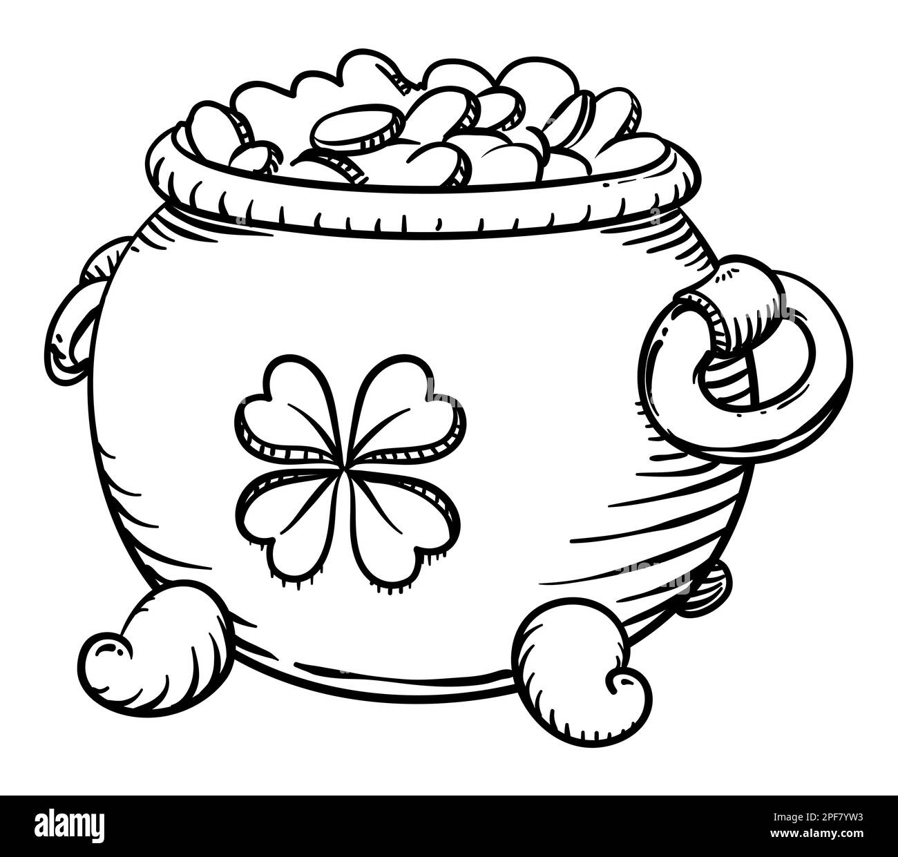 Leprechaun's cauldron with a bunch of coins decorated with a shamrock ...