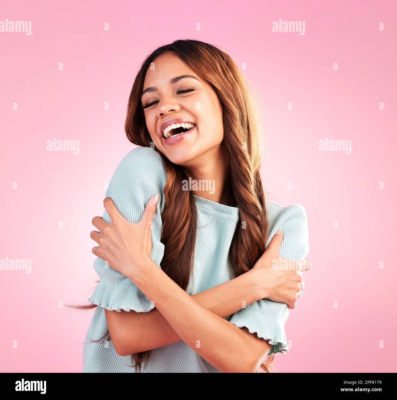 Happy woman, inner peace and self love hug in studio for body ...