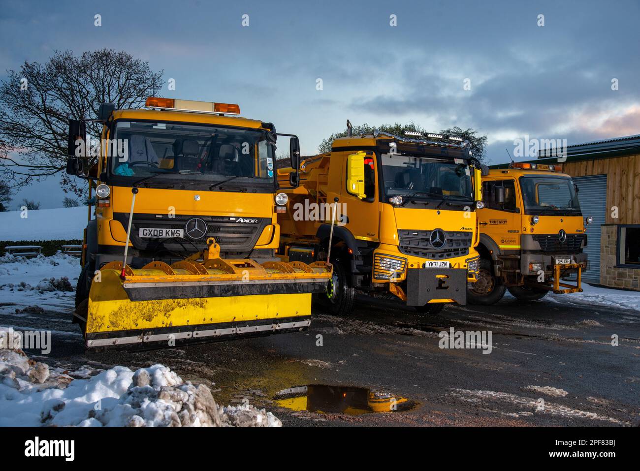Mercedes Benz gritter and snow plough trucks at their depot in Denby ...