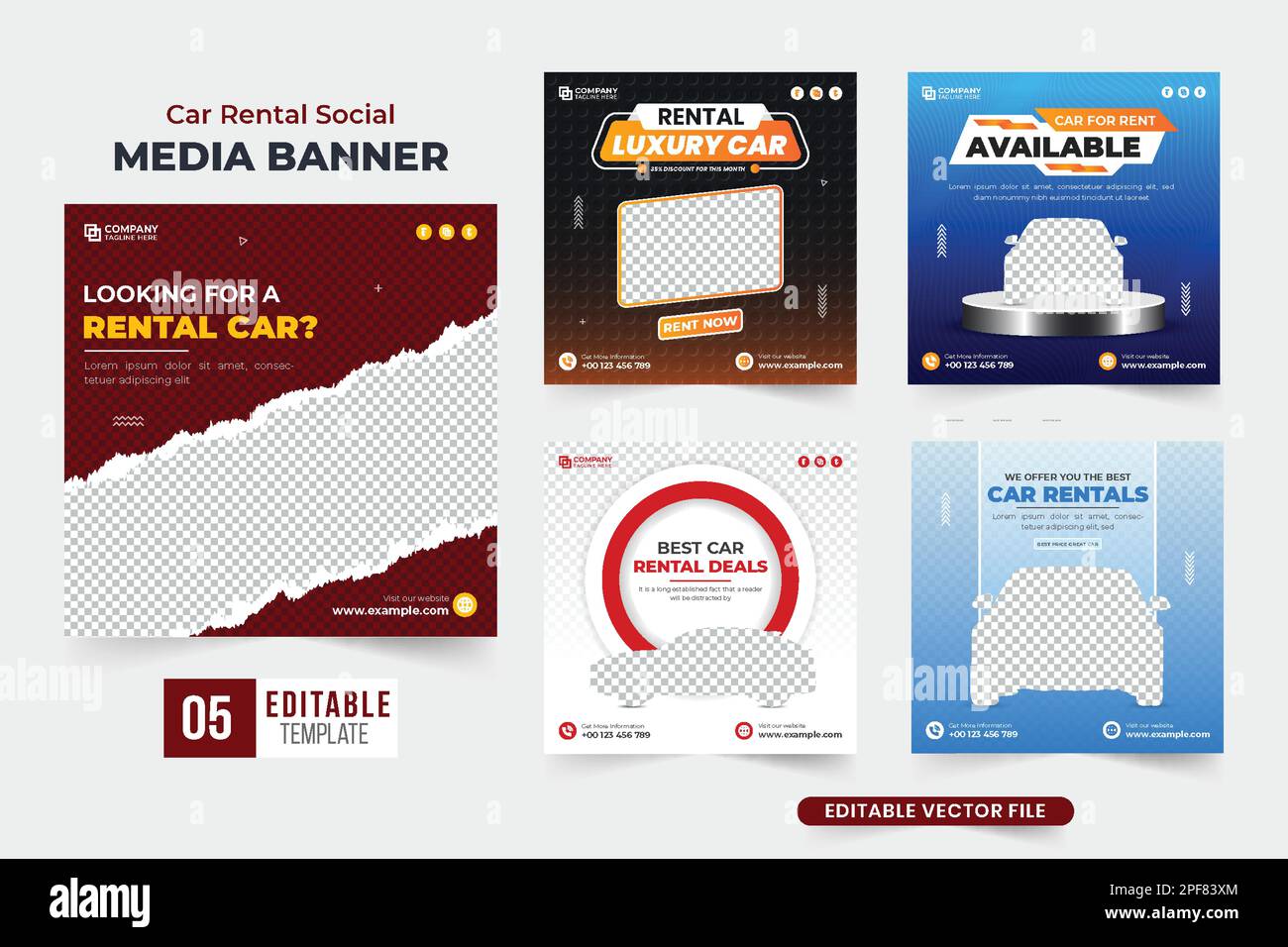 Car rental social media post set vector with red and blue colors ...