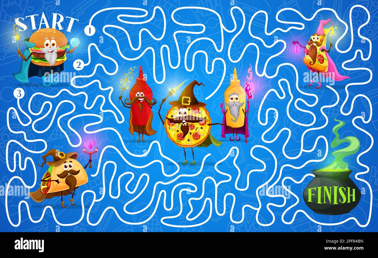 Help the cartoon takeaway fast food wizards to find potion. Vector kids ...