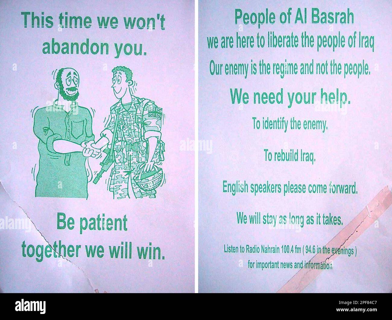 Photo showing Leaflets that were handed out to locals in the Basra area ...