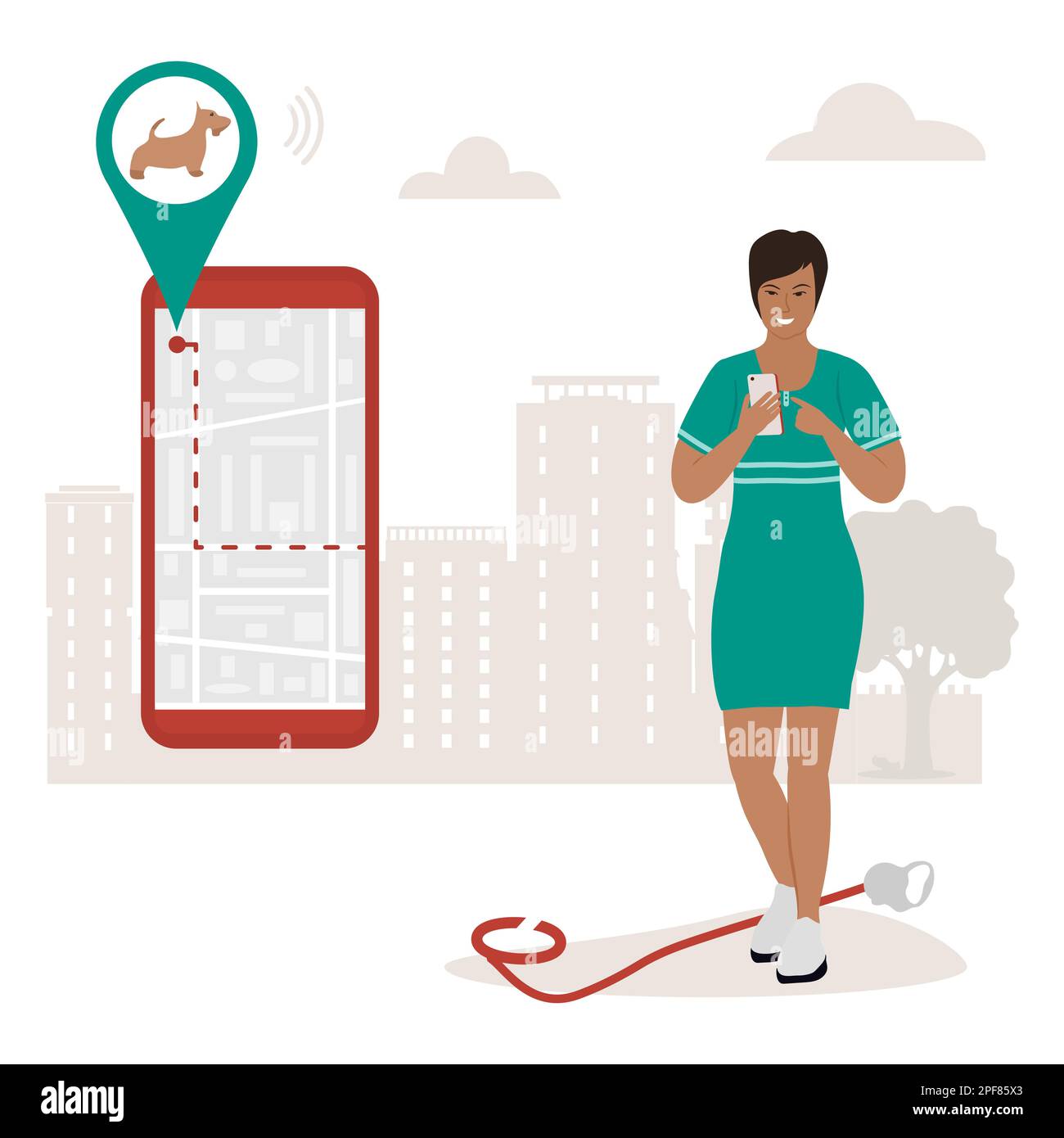 Vector illustration Woman uses application on cell phone for search the ...