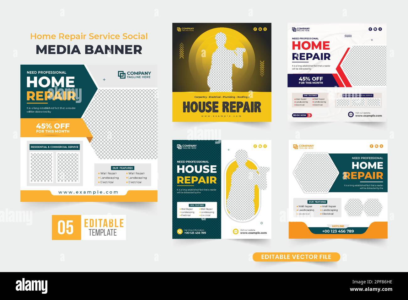 Home repair service promotional web banner set vector with yellow and ...