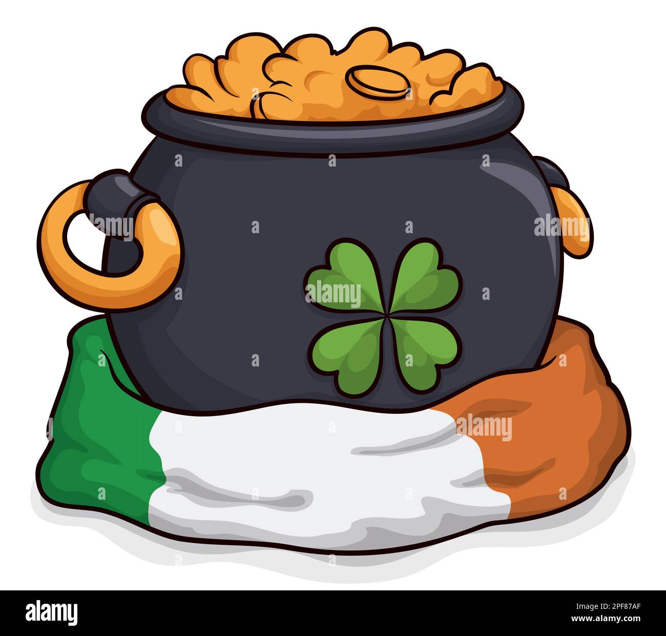 Black cauldron with gilt handles and gold coins over Irish flag in ...
