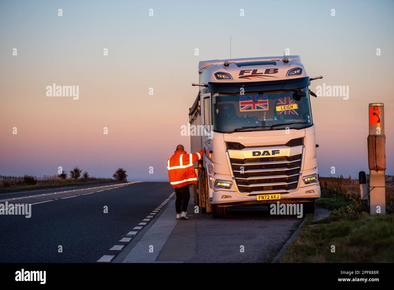 The driver of a DAF truck parked at the top of the A628 Woodhead Pass ...