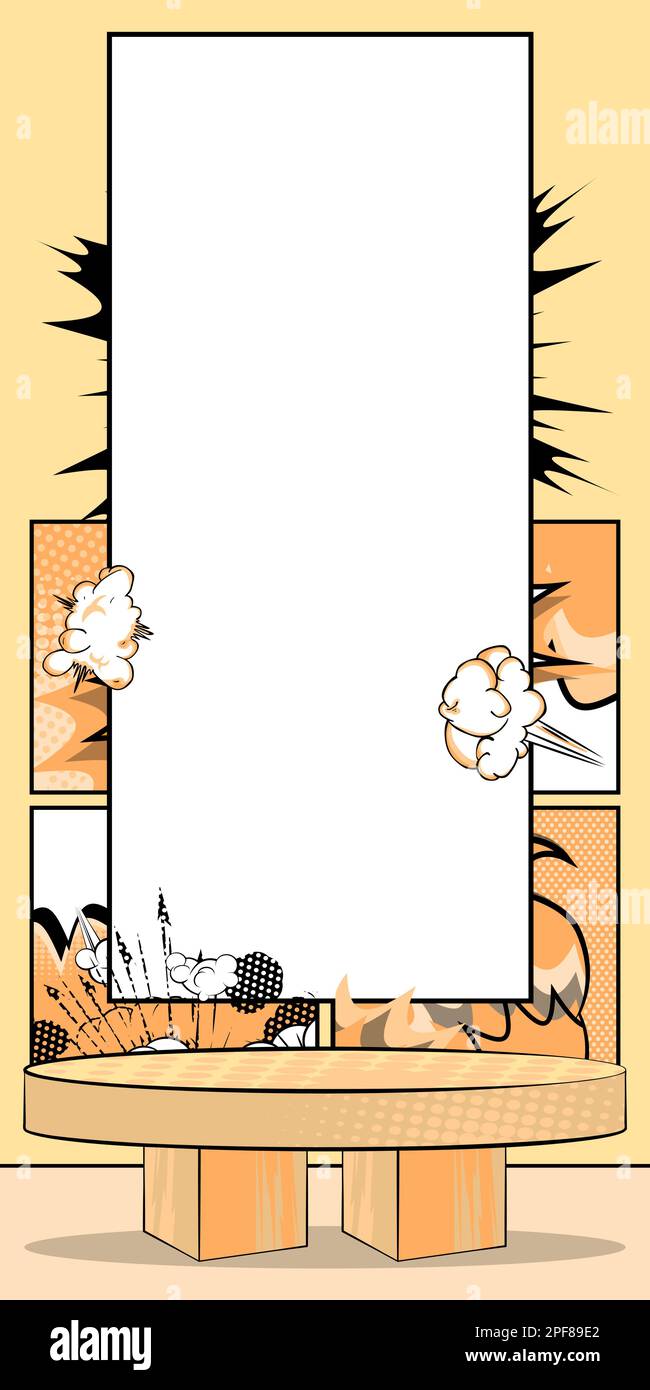 Cartoon light orange colored product podium stage. High comic book ...
