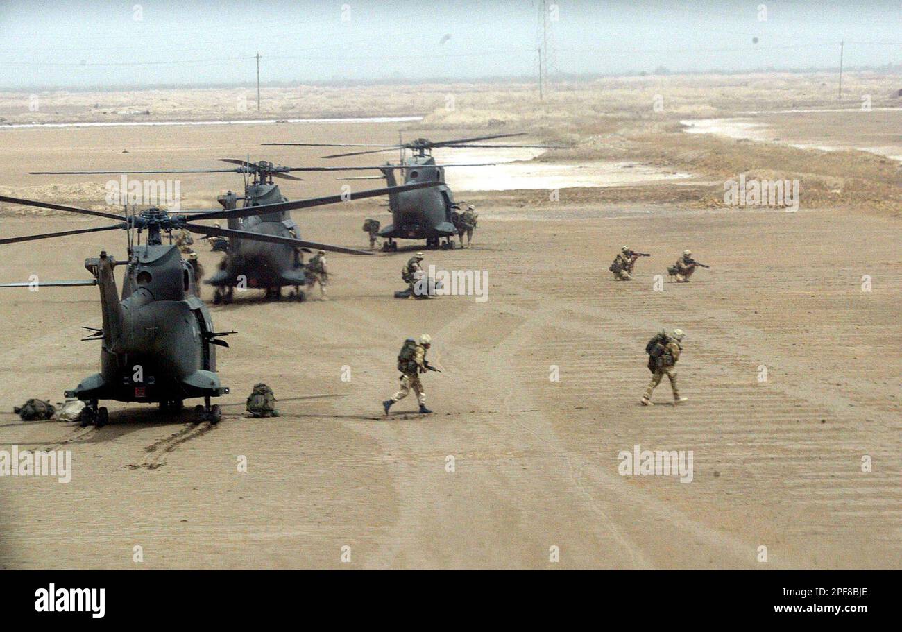 Royal Marines from 45 Commando disembark from Pumas helicopters to ...