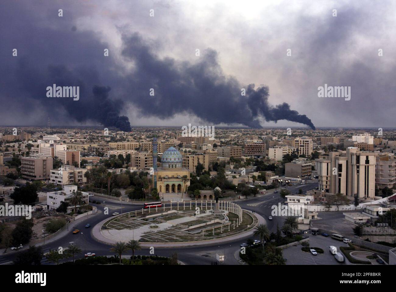 Huge columns of smoke can be seen above the southern horizon of Baghdad ...