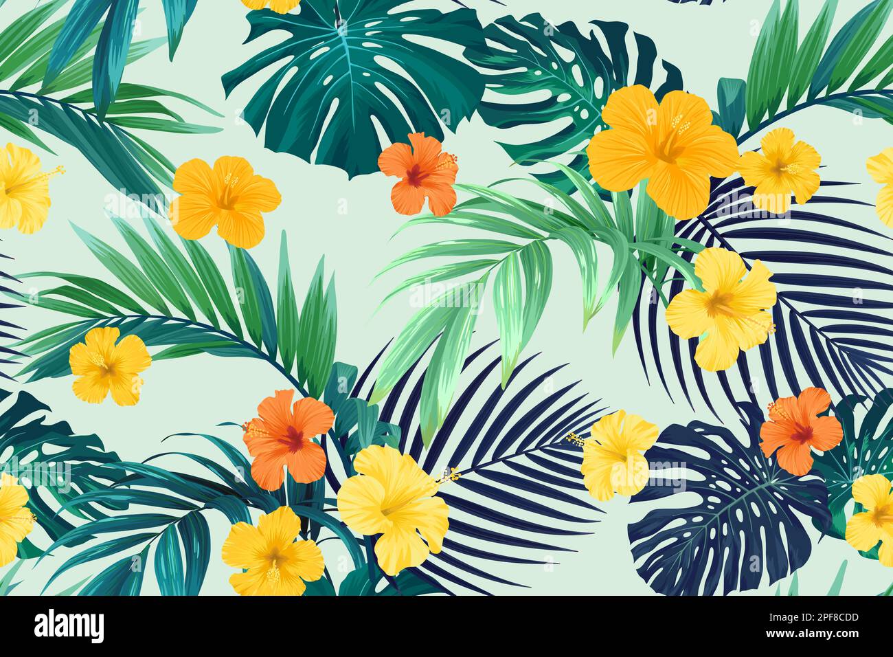 Tropical pattern with green palm leaves and hibiscus flowers. Summer ...