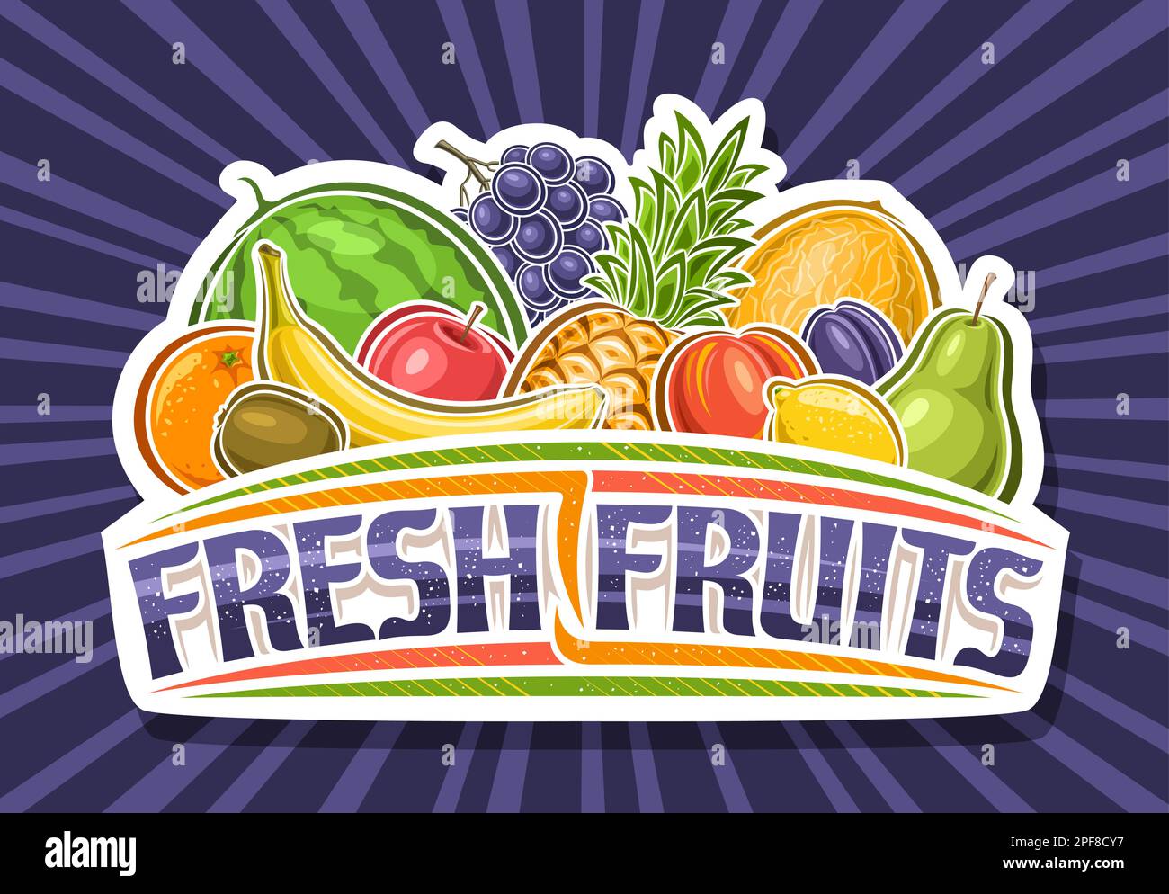 Vector logo for Fresh Fruits, decorative cut paper sign board with ...