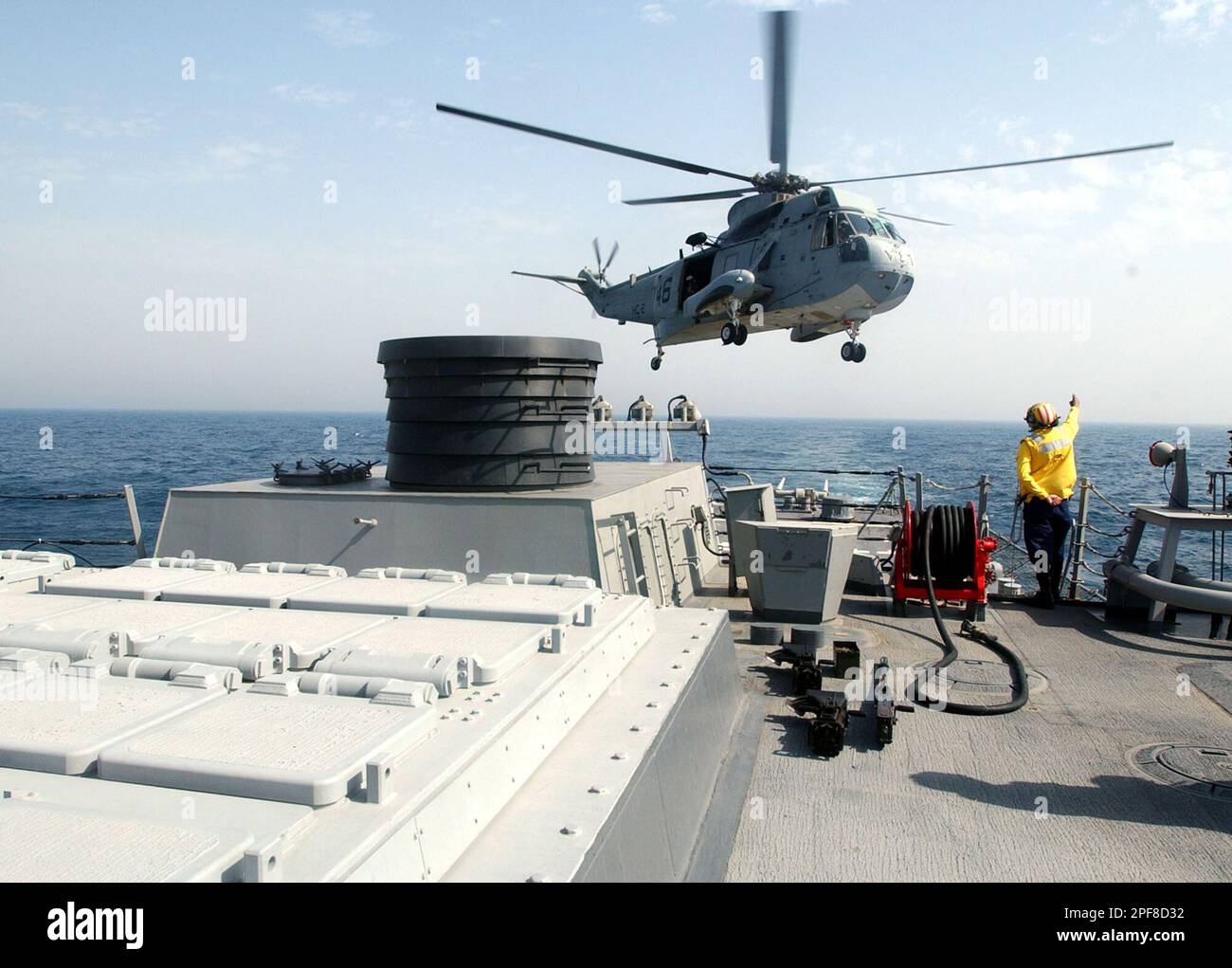 A H3 Sea King 'Desert Duck' helicopter takes off from the flight deck ...