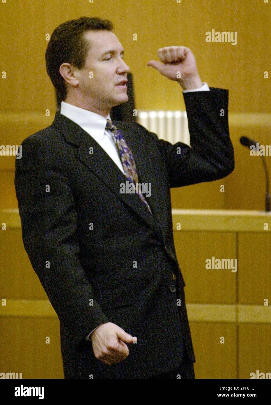 Gerald Krovatin, attorney for Alan Mackerley, gestures as he gives his ...