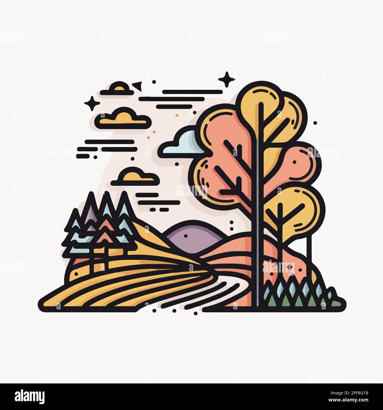 Flat line art landscape Vector illustration on white Background Stock ...