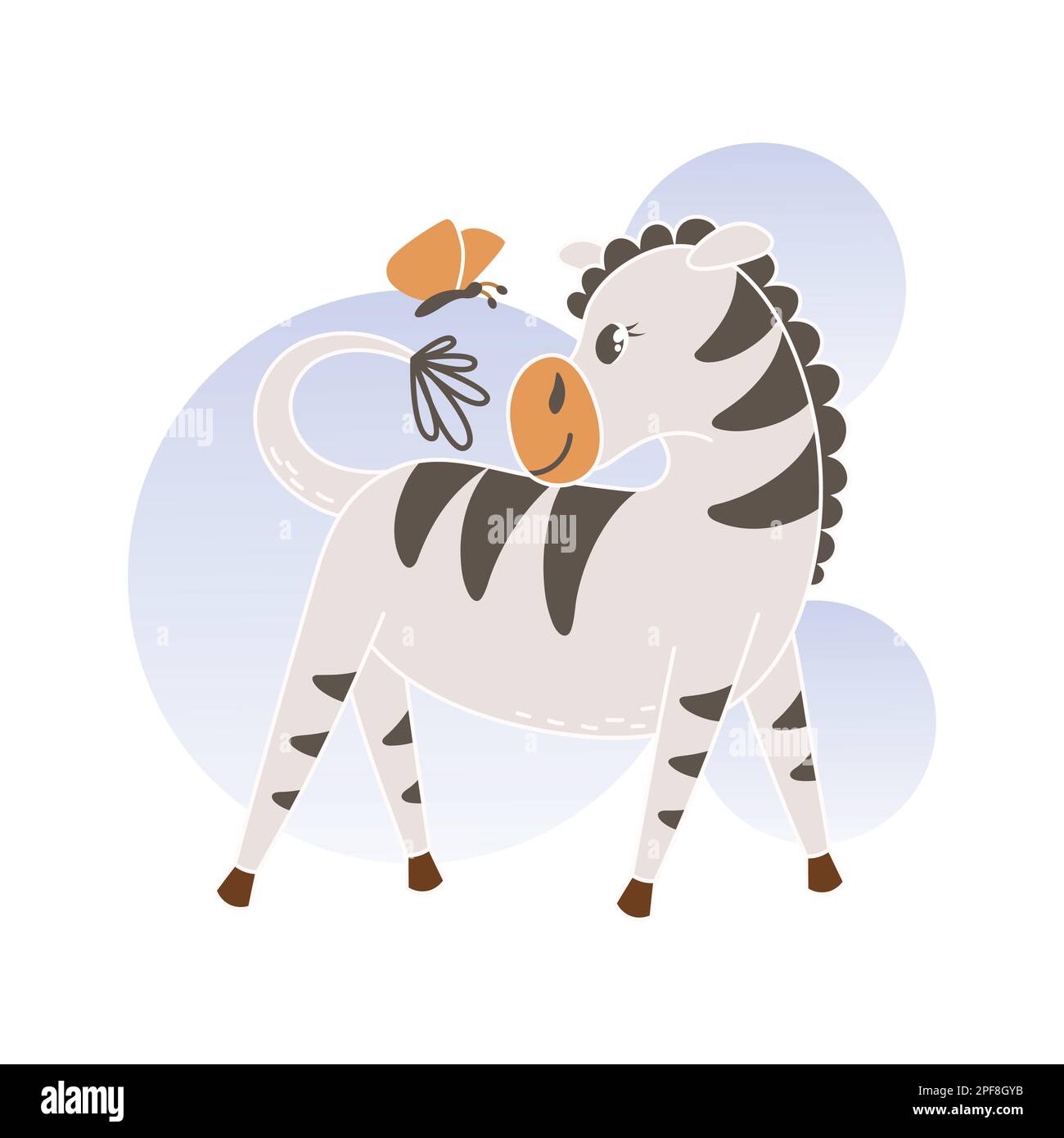 Cute happy zebra smiling. Cartoon african animal playing with butterflies. Flat illustration ...
