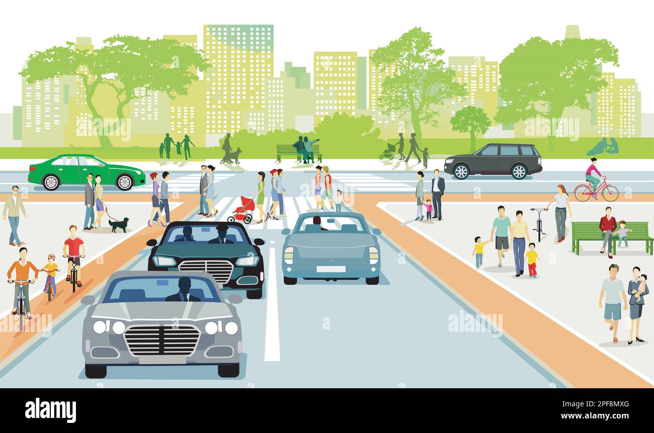 City silhouette with road traffic and pedestrians on the zebra crossing ...