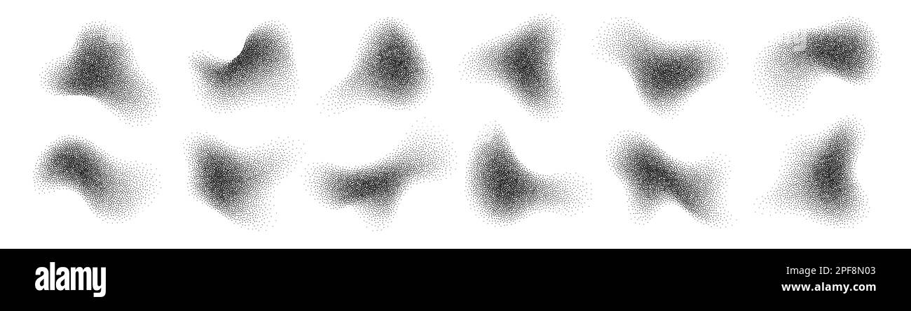 Fluid halftone shapes, abstract liquid stipple forms, black splatter ...