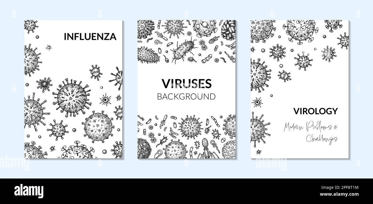 Set of virus vertical backgrounds in sketch style. Hand drawn bacteria ...