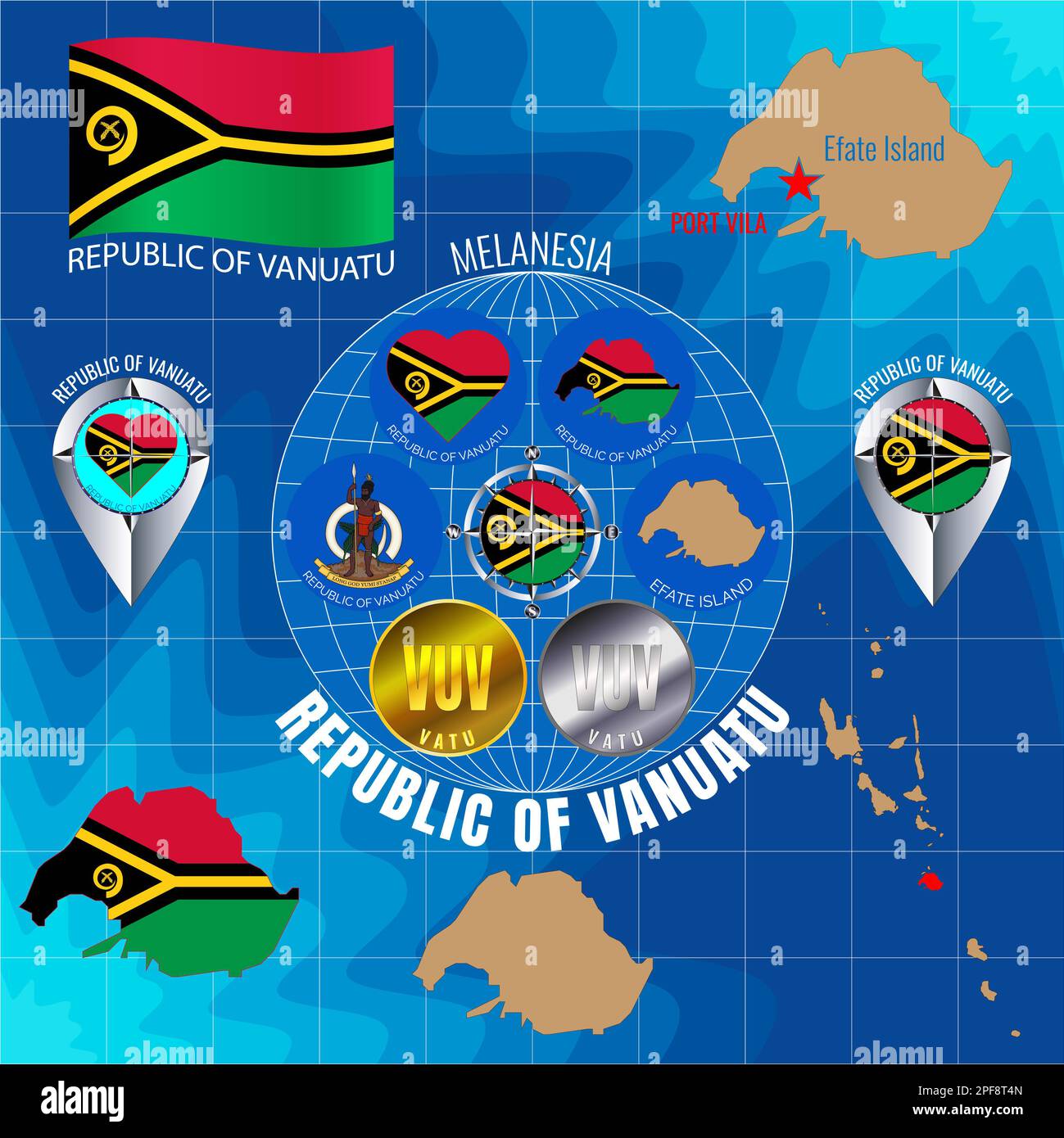 Set of illustrations of flag, outline map, Vanuatu icons. Travel ...