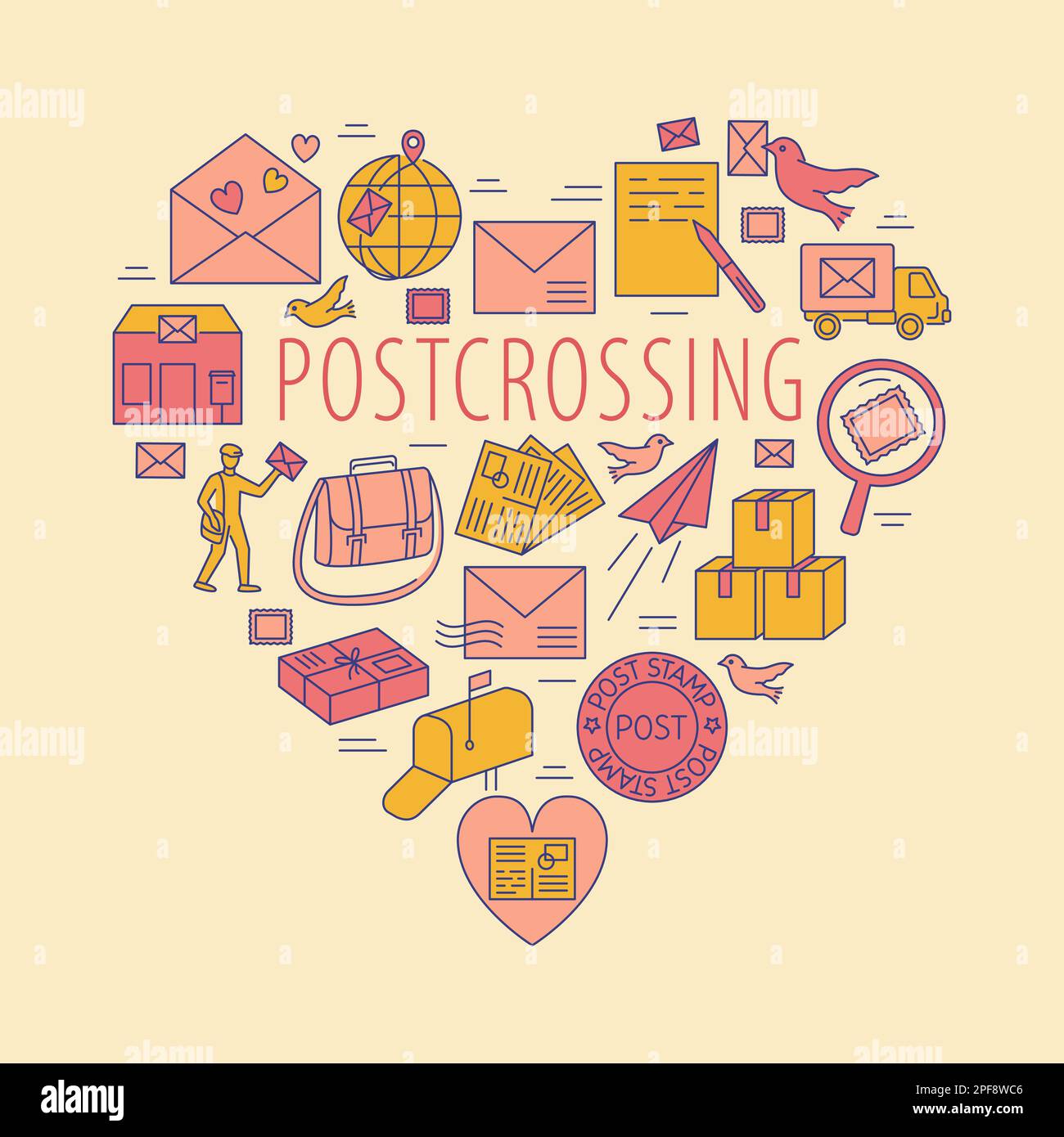 Postcrossing banner in colored line style. Heart shaped poster about ...