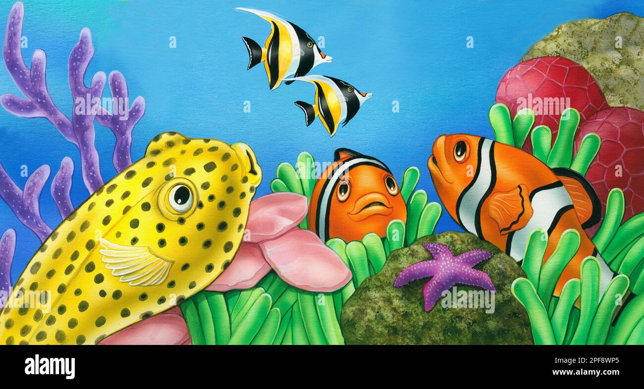 Animals- clown fish & yelow spotted fish characters in colourful reef ...