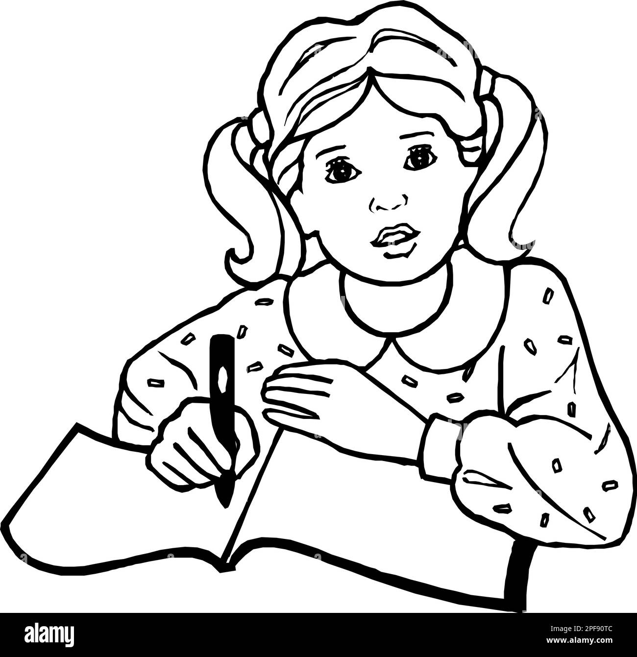 Schoolgirl writing, studies. A cartoon child character drawing, vector ...