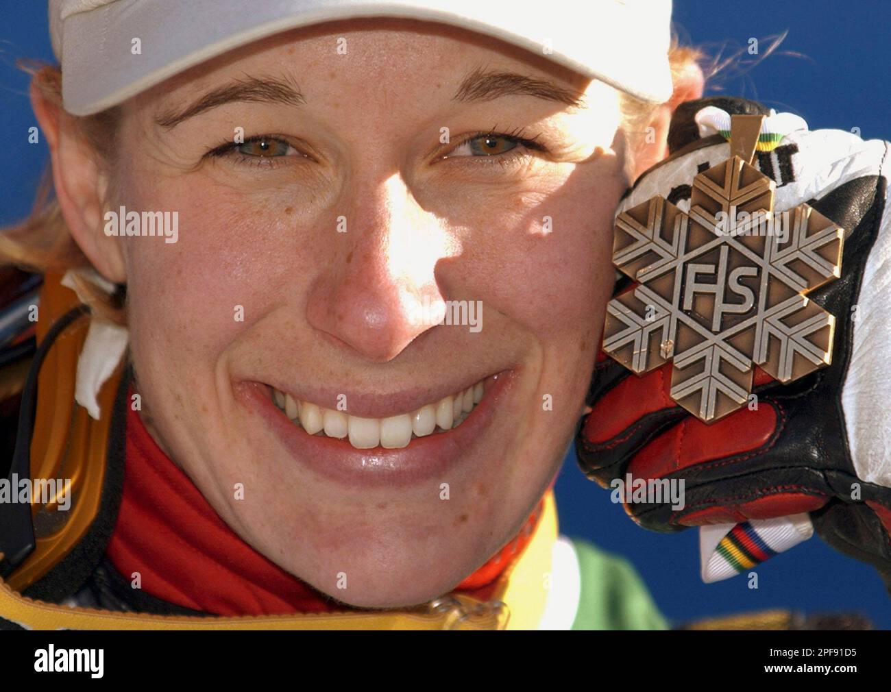 Canadian Allison Forsyth shows the bronze medal after the women's giant ...