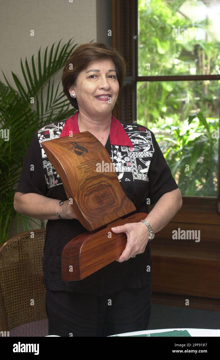 Rowena Blaisdell, a representative of the Kamehameha School, shows the ...