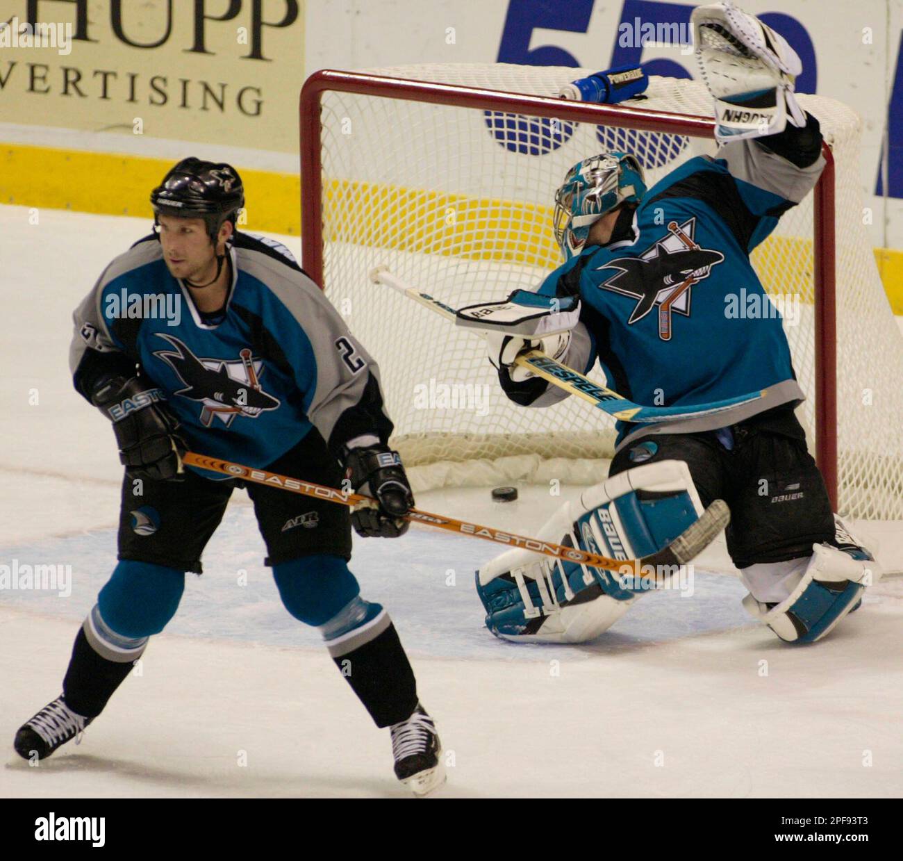 San Jose Sharks goalie Evgeni Nabokov watches a long shot from St ...