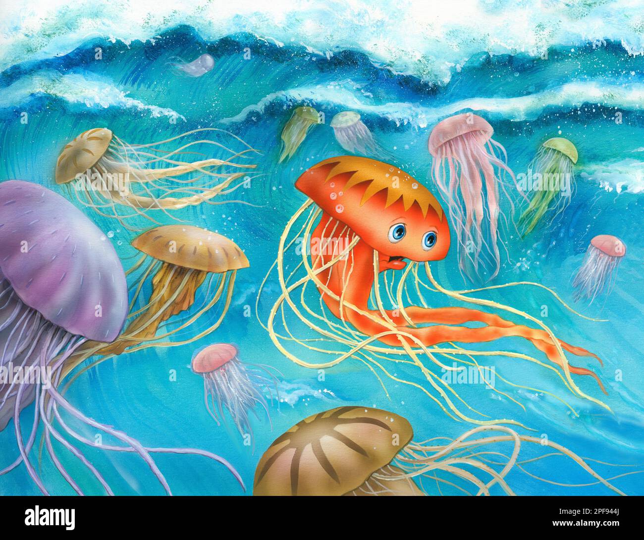 Animals- Jellyfish character& other jellyfish in wild waves Stock Photo ...