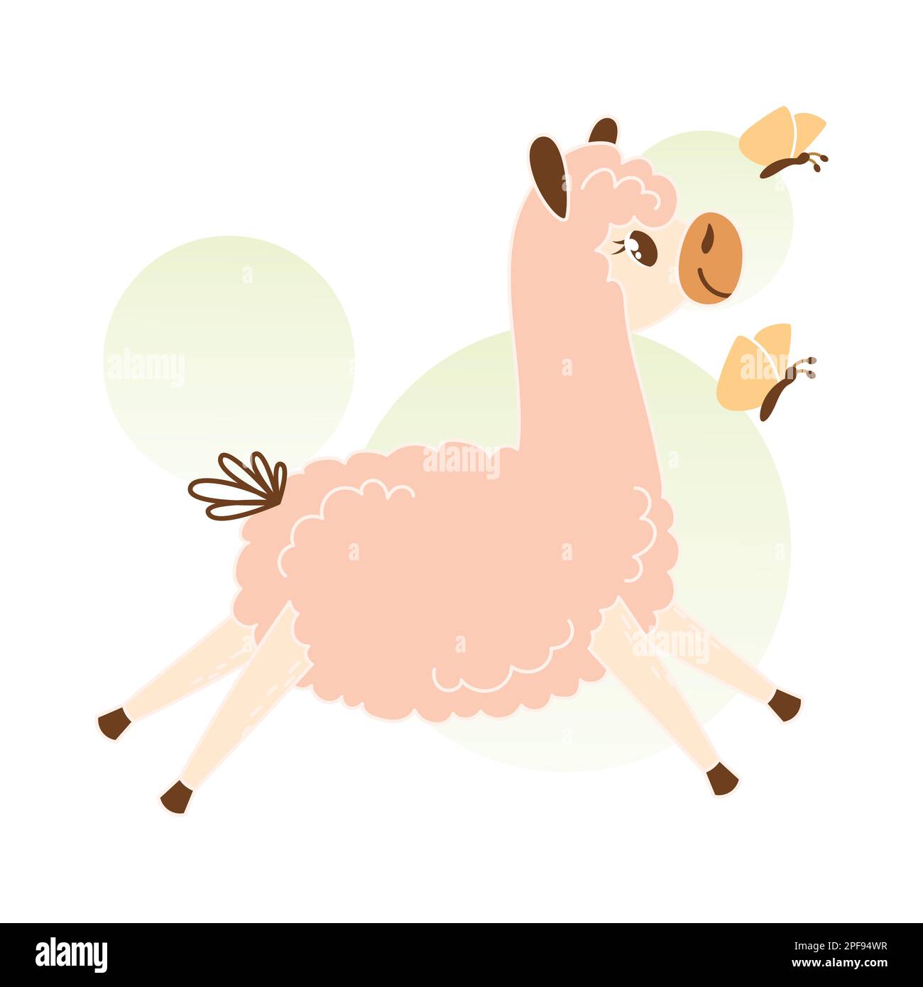 Cute pink llama is jumping. Cartoon animal playing with butterflies ...