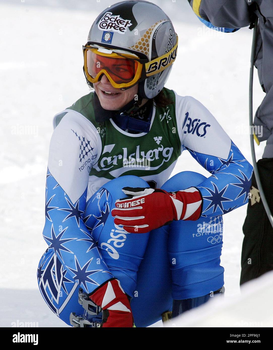 Italian Karen Putzer reacts after finishing her race in the women's ...