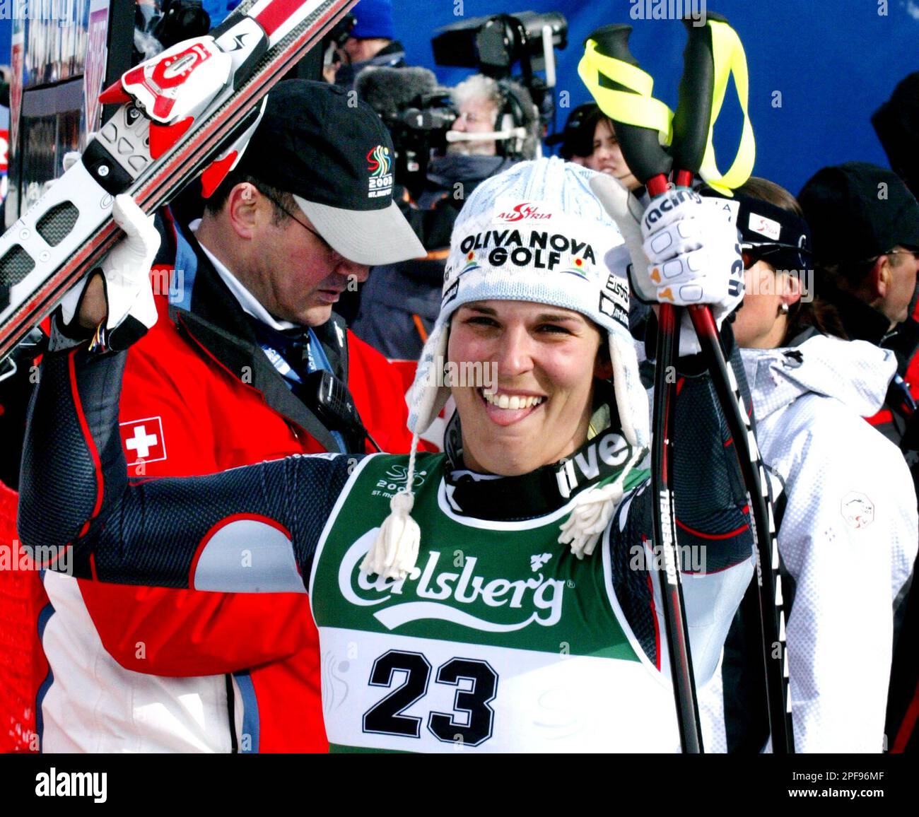 Austrian Michaela Dorfmeister celebrates after winning the women's ...
