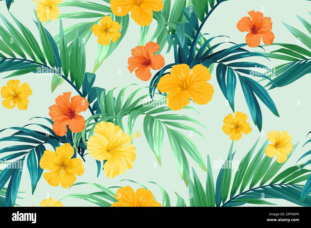 Tropical pattern with green palm leaves and hibiscus flowers. Summer ...