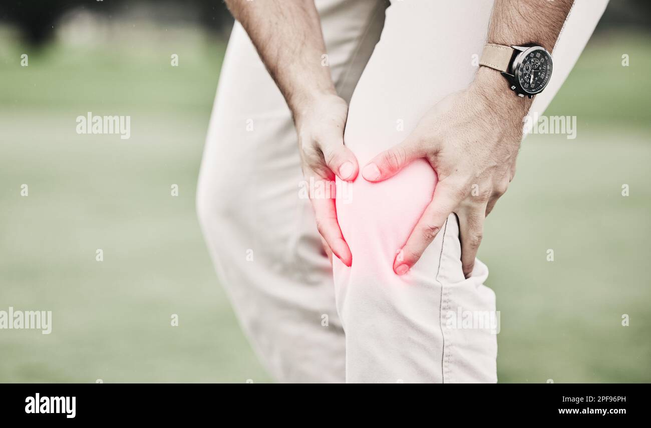 Sports, injury and golf course, man with knee pain during game, massage ...
