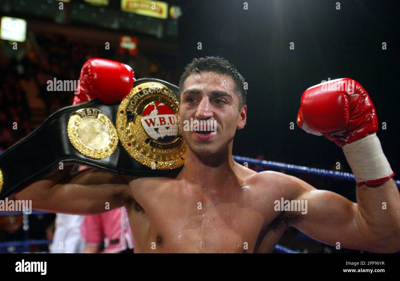British Boxer Takaloo reacts after winning the WBU World light middle ...