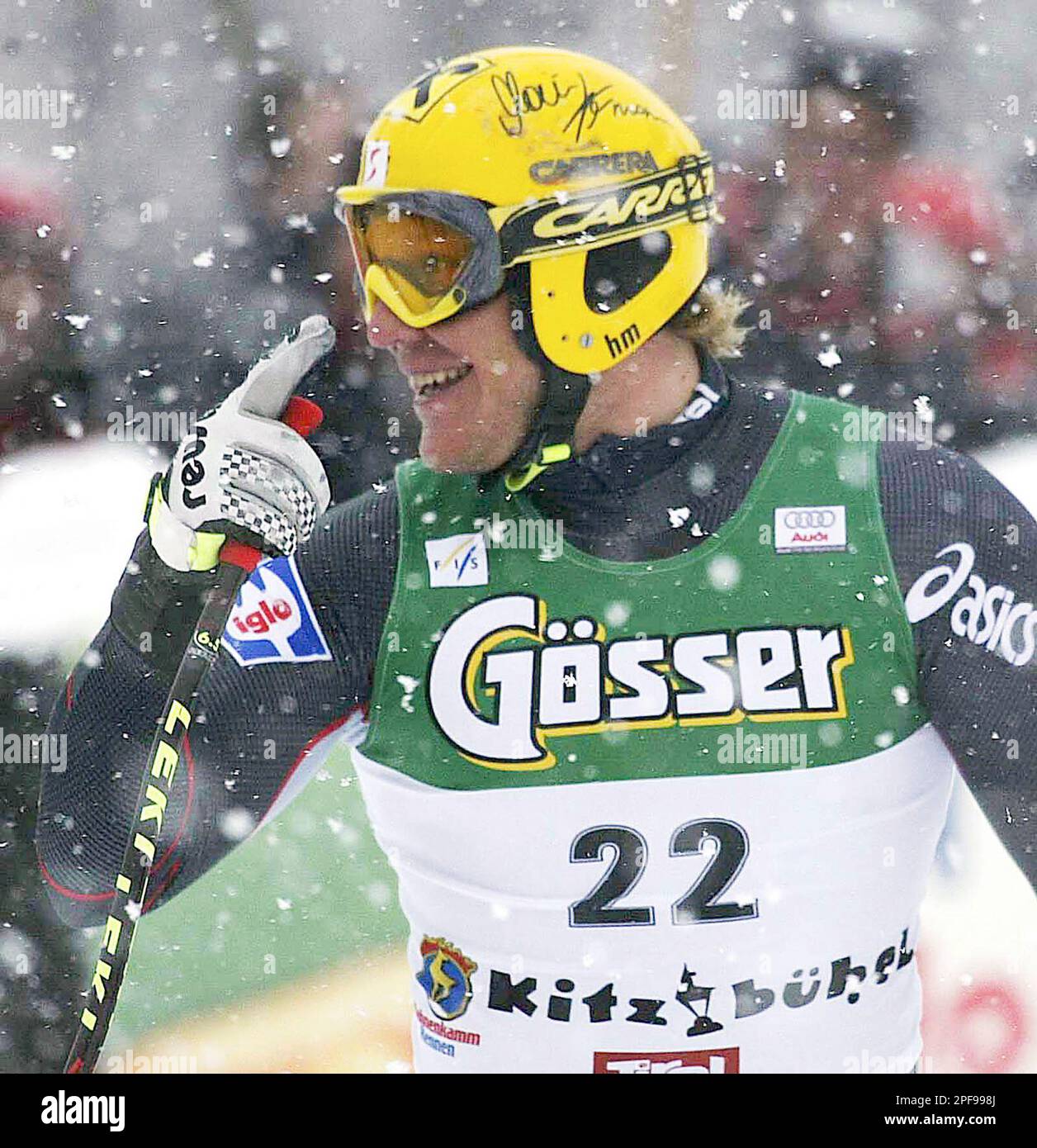 Austria's skiing star Hermann Maier smiles after clocking the fastest ...