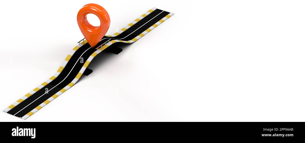 Straight bridge road with navigation pin pointer target search icon on ...