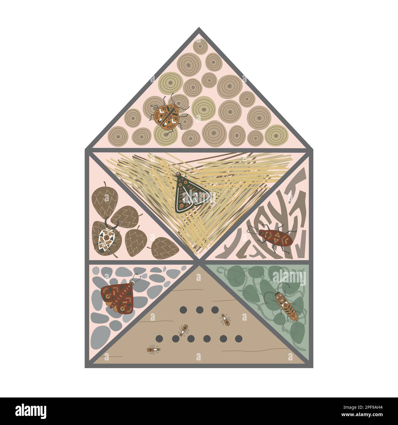 Decorated, protected wood house with compartments and natural ...