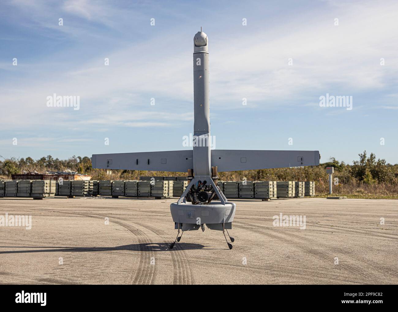 A V-BAT unmanned aerial system is staged after flight operations during ...