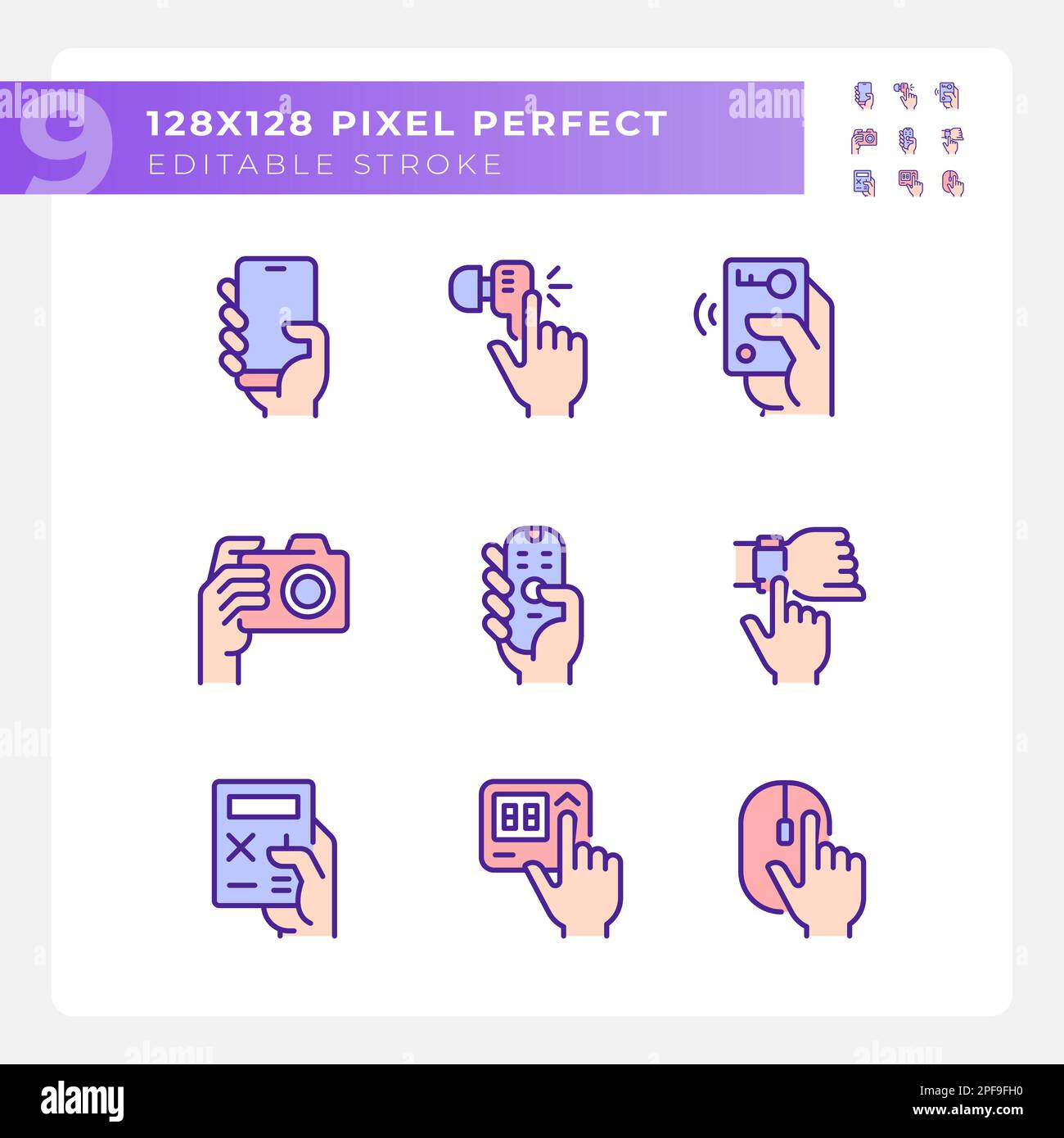 Hands holding electronic gadgets pixel perfect RGB color icons set ...