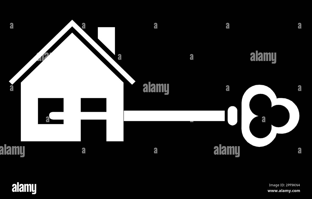 Classic white key shape isolated over black background, real estate ...