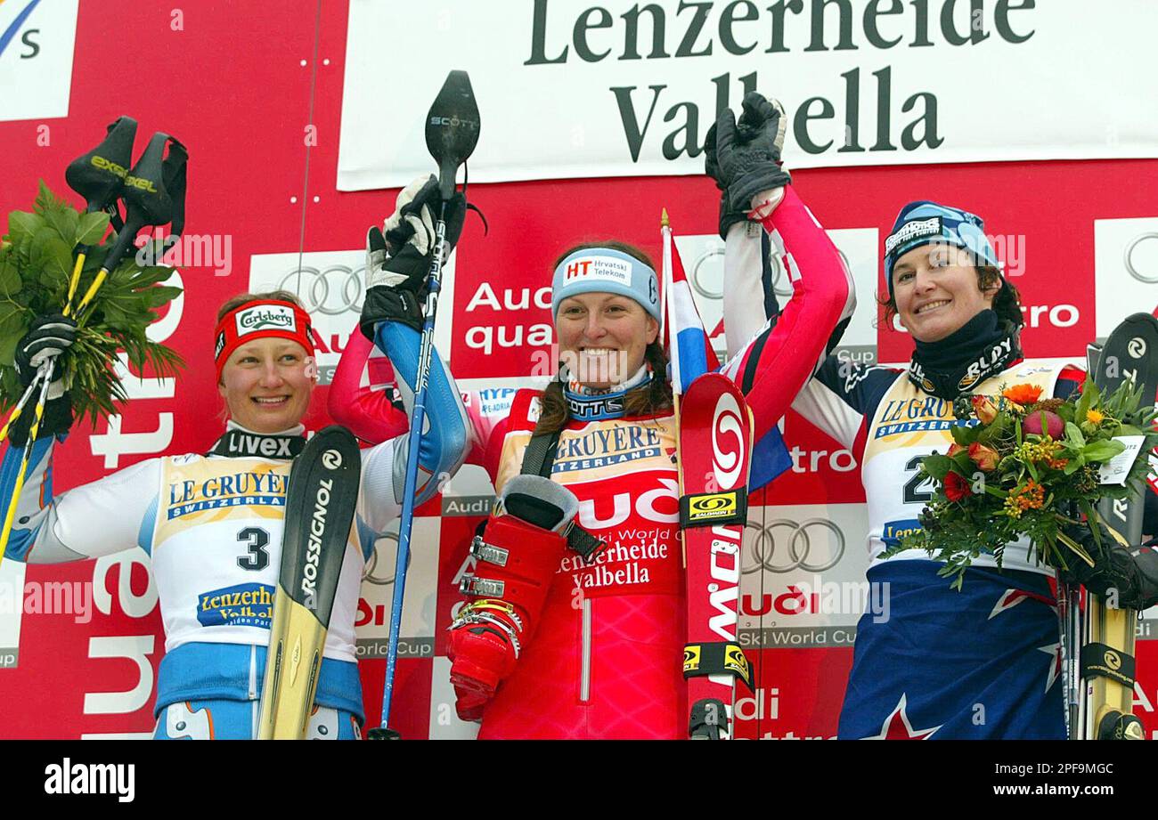 Croatia's Janica Kostelic, center, winner of a World Cup women's slalom ...